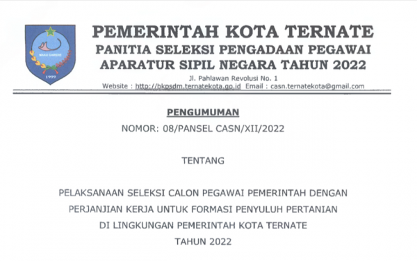 Pemkot Ternate Resmi Umumkan Pelaksanaan Seleksi PPPK Formasi Penyuluh ... Pemkot Ternate Resmi Umumkan Pelaksanaan Seleksi PPPK Formasi Penyuluh ...